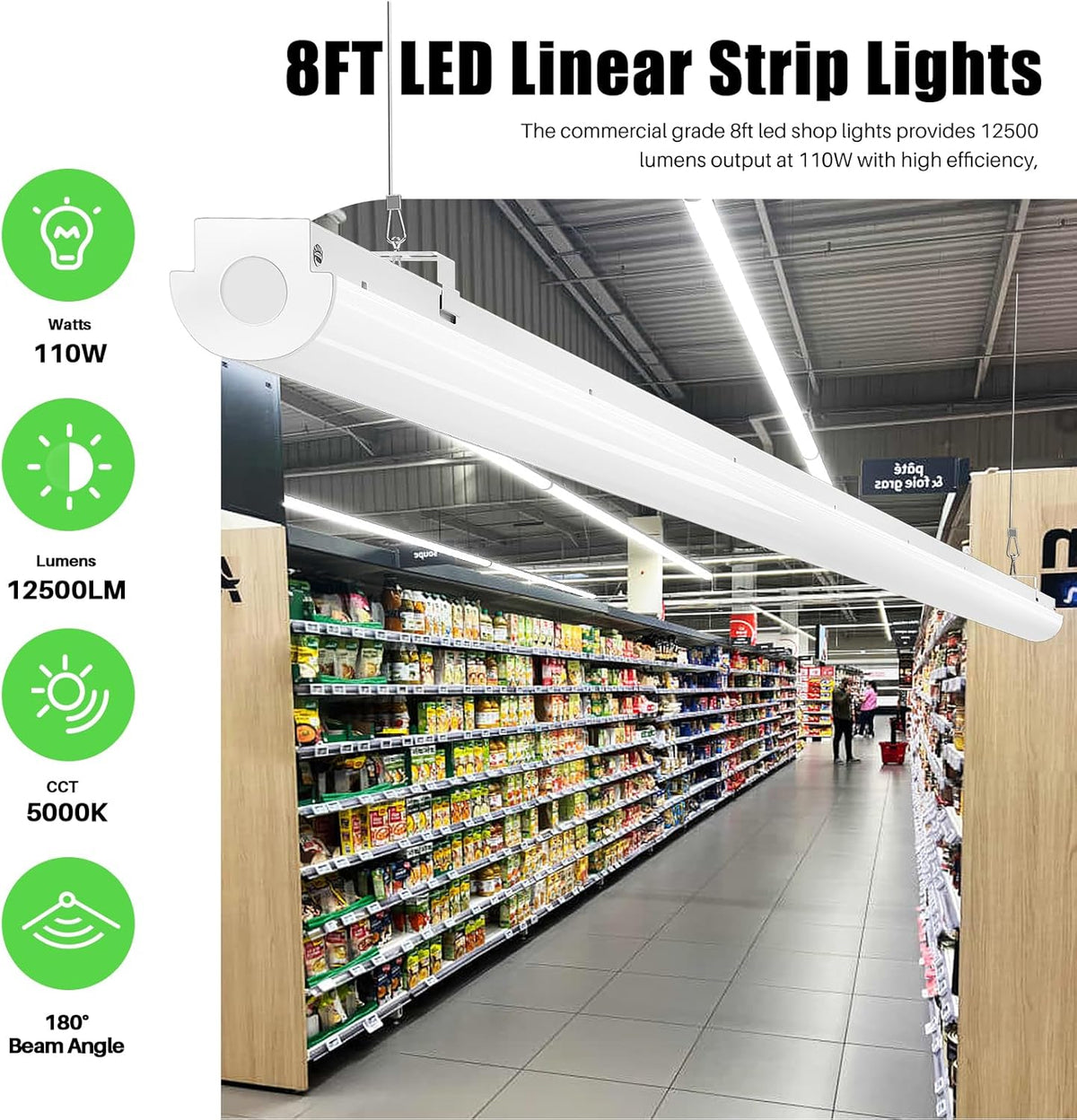 8FT LED Shop Lights 110W [6 Lamps F96T12 Fluorescent Equiv.], 12500LM ...